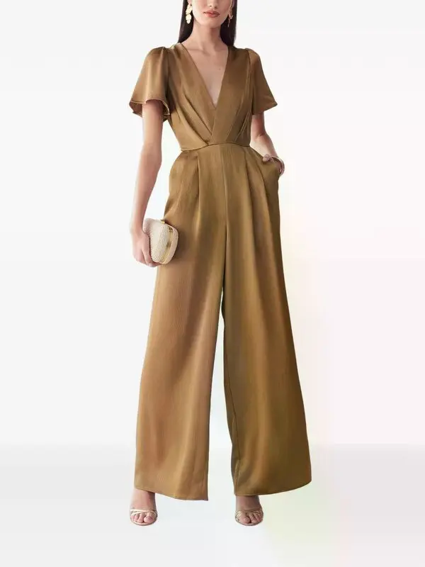 ST MRLO V-neck Flutter-sleeve Jumpsuit With Pleated Detailing - Brown
