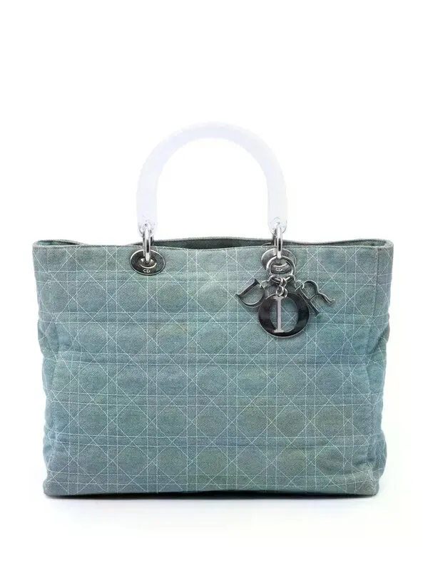 Dior 1999 Large Denim Cannage Acrylic Handles Lady Satchel - Blue