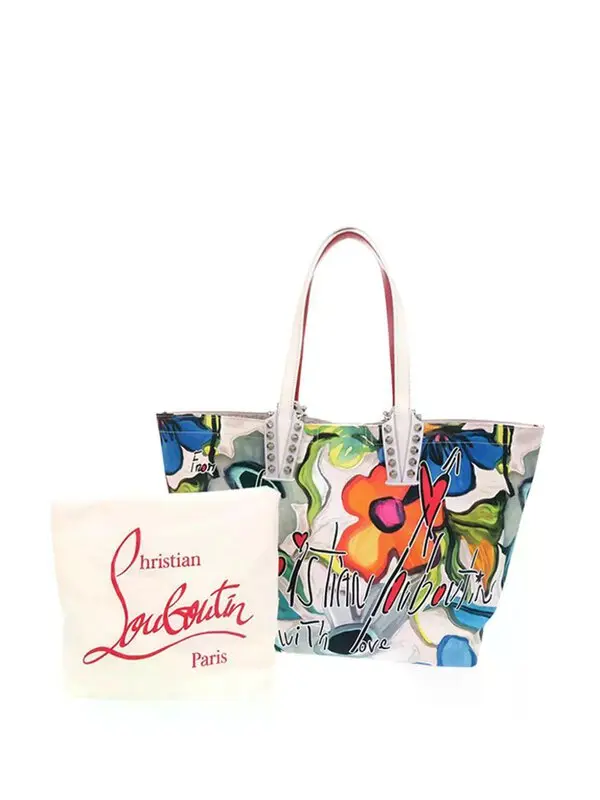 CHRISTIAN LOUBOUTIN 2010-2026 Small Floral Printed Canvas Cabata Tote Bag - White