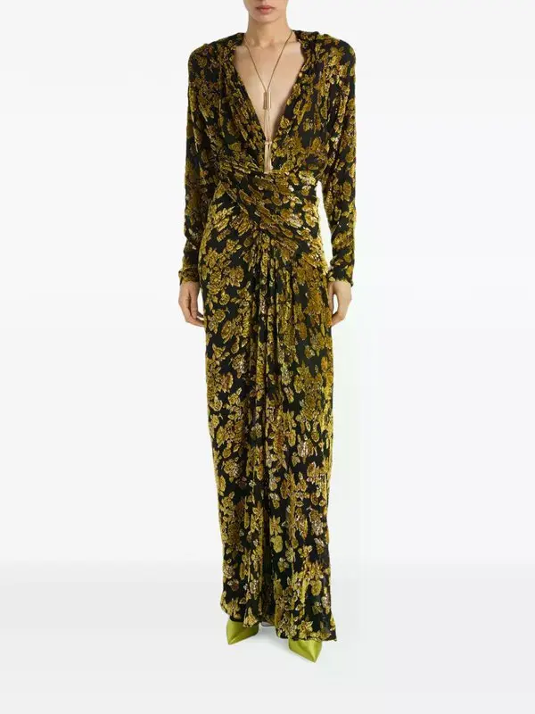Balmain Long Velvet-jacquard Floral Dress