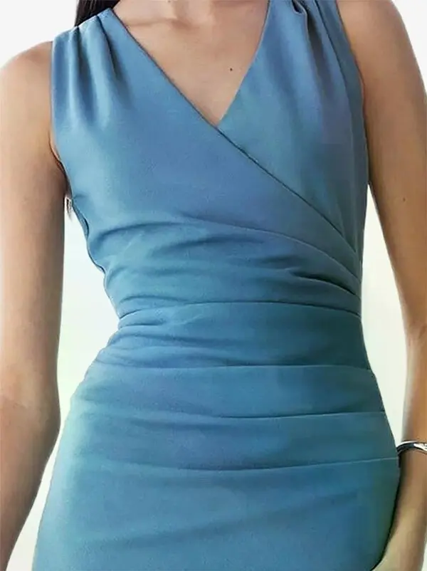 BWLDR Sleeveless V-neck Maxi Dress With Ruched Detailing And Front Slit - Blue