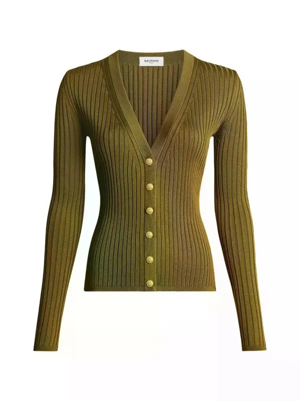 Balmain Buttoned Ribbed Knit Cardigan - Green