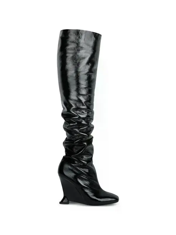 Balmain Thigh-high Wedge Boots In Crinkled Patent Leather - Black
