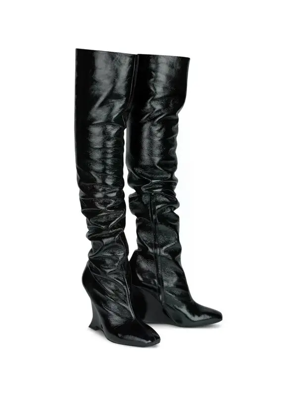Balmain Thigh-high Wedge Boots In Crinkled Patent Leather
