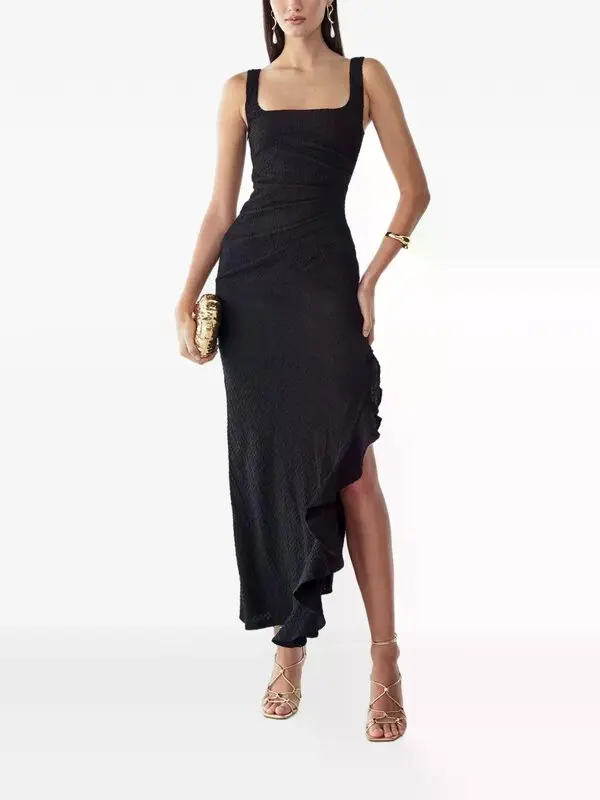 BWLDR Stevie Ruched Ruffled Asymmetric Dress - Black