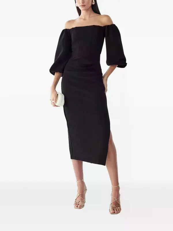 BWLDR Off-shoulder Puff Sleeve Midi Dress - Black