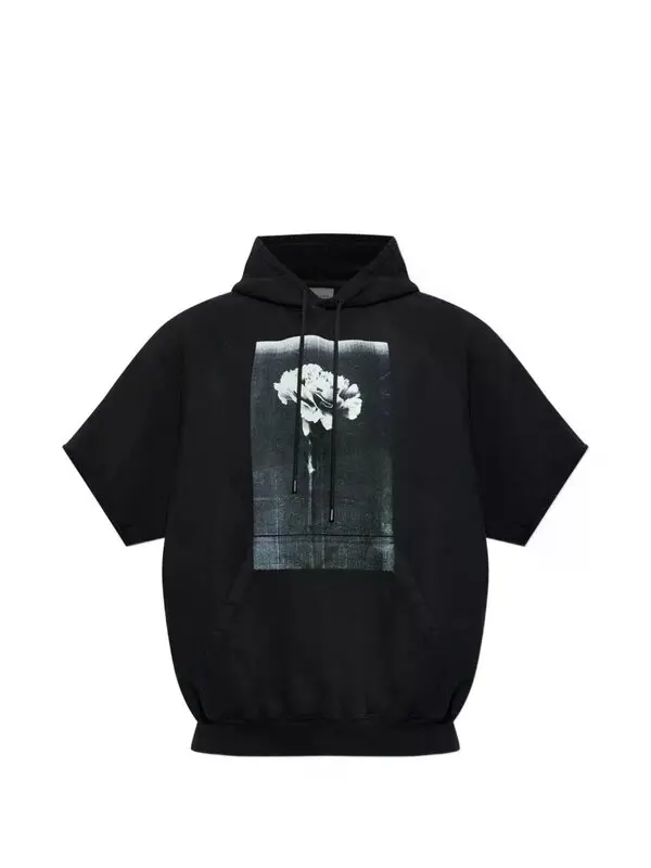 Balenciaga Flower-print Short-sleeve Hoodie - Black