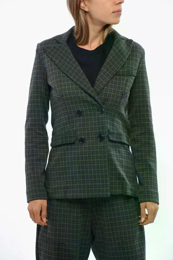 OBLÒ UNIQUE Double-breasted Houndstooth Blazer - Green