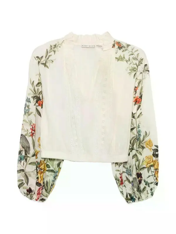 Alice + Olivia Floral Print Lace Trim Cropped Top - White