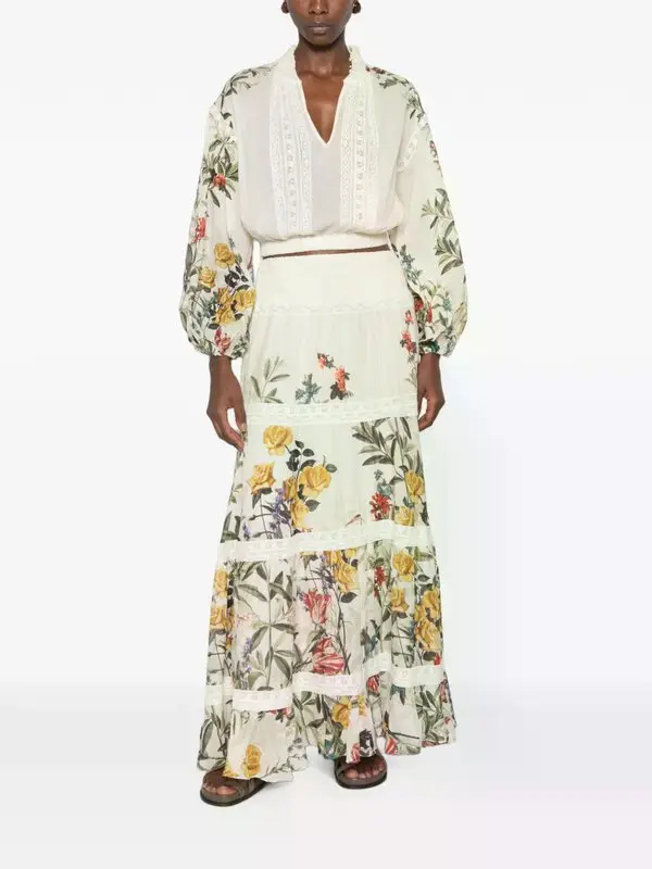 Alice + Olivia Floral Print Lace Trim Cropped Top