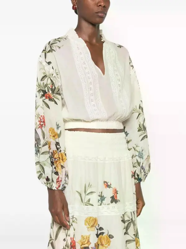 Alice + Olivia Floral Print Lace Trim Cropped Top