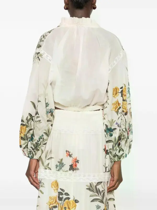 Alice + Olivia Floral Print Lace Trim Cropped Top