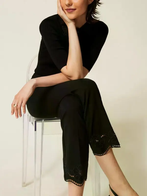 TWINSET Straight Trousers With Broderie Anglaise Detail