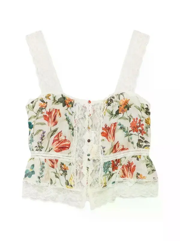 Alice + Olivia Floral Print Lace Trim Top - White