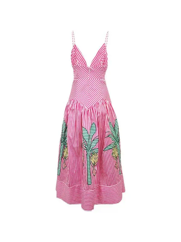 Farm Rio Palm Tree-embroidered Striped Midi Dress - Pink