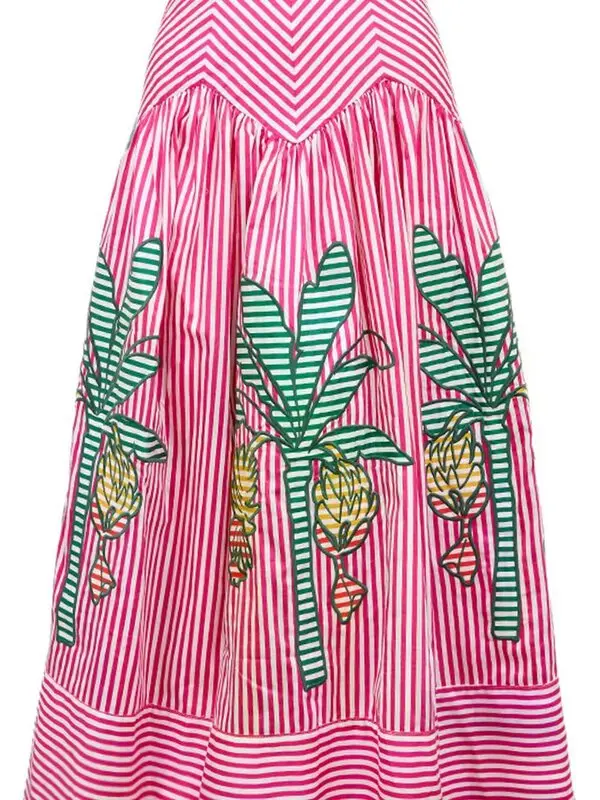 Farm Rio Palm Tree Embroidered Striped Midi Dress - Pink