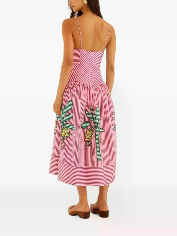 Farm Rio Palm Tree Embroidered Striped Midi Dress - Pink
