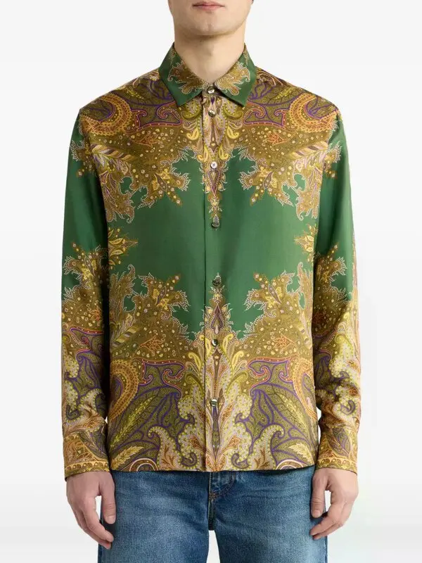 Etro Silk Twill Shirt With Placed Paisley Pochette Print