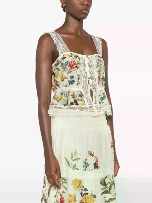 Alice + Olivia Floral Print Lace Trim Peplum Top - Neutrals