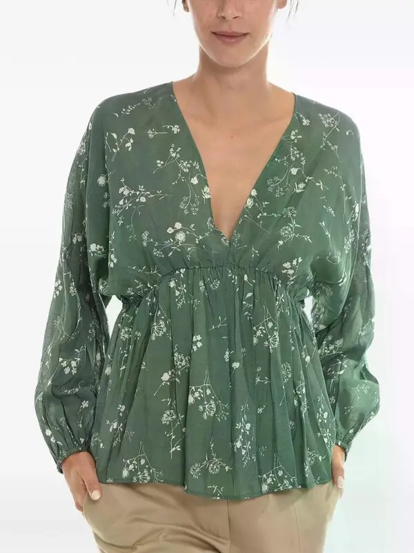 SAMSOE SAMSOE Floral-print Puff-sleeve Blouse - Green