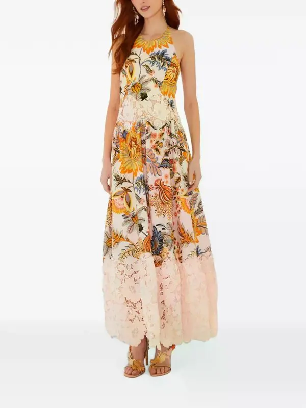 Farm Rio Floral Print Lace Panel Maxi Dress - Pink