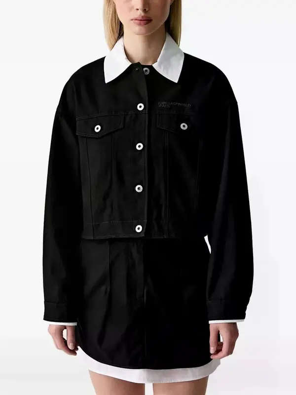 Karl Lagerfeld Logo-embroidered Cropped Denim Jacket - Black