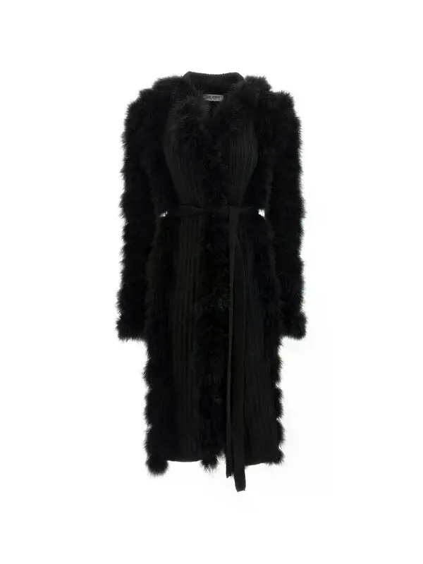 Attico Waist-belt Feather-effect Coat - Black