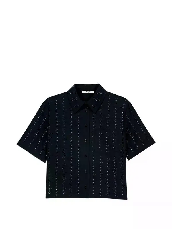 Maje Cropped Rhinestone Cotton Shirt - Black