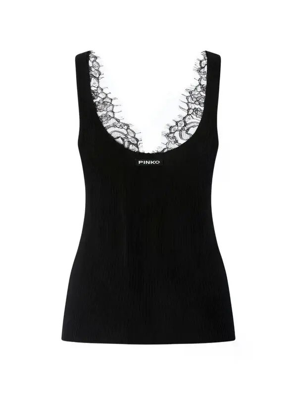 Pinko Lace-trim V-neck Ribbed Top - Black