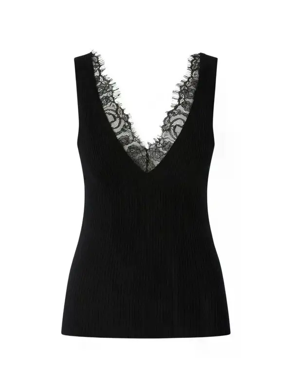 Pinko Lace-trim V-neck Ribbed Top - Black