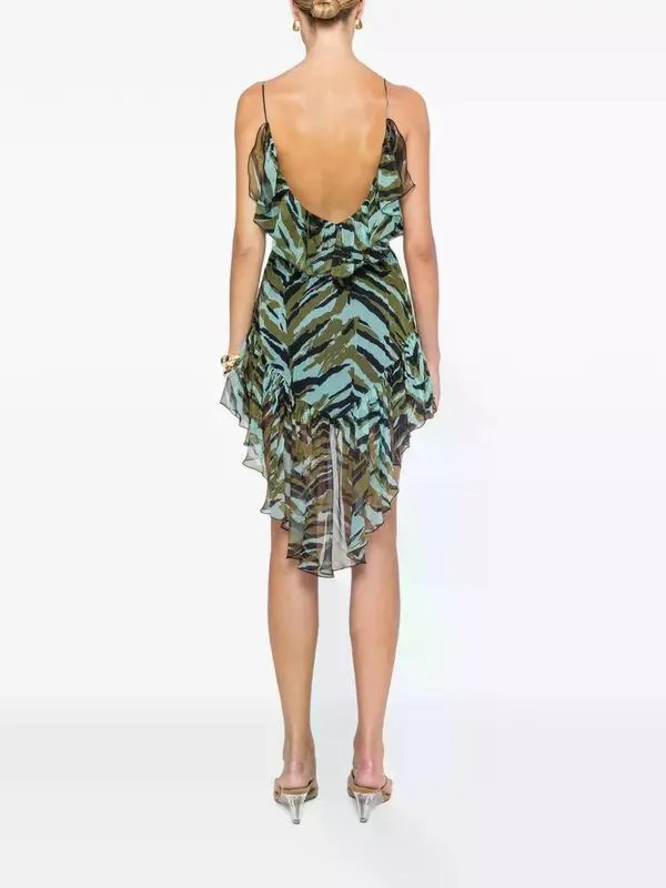 NISSA Printed Silk Asymmetric Mini Dress - Green