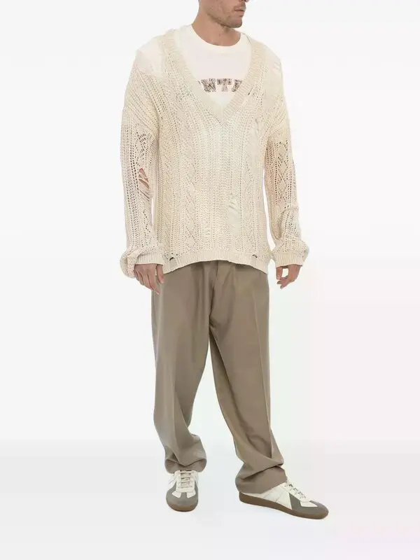 RAMAEL Openwork Distressed Knit V-neck Sweater