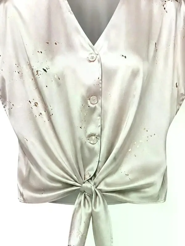 Max & Moi Taupe Beige Satin Paint-splatter Tie-front Shirt