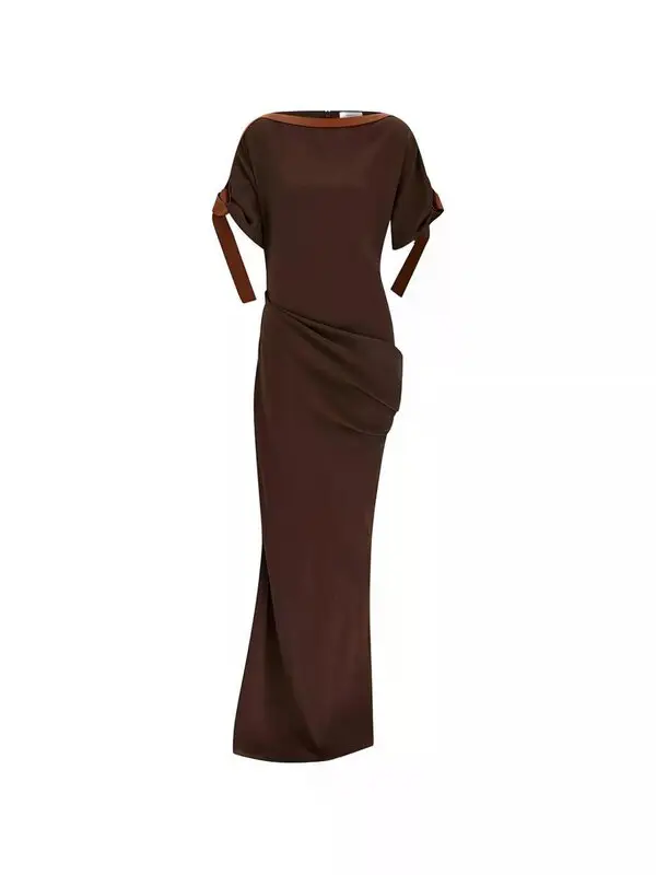 FERRAGAMO Long Viscose Dress With Leather Inserts - Brown