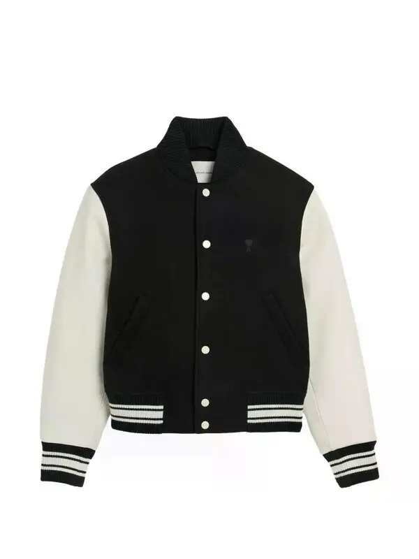 AMI Paris Wool And Leather Teddy Jacket With Embroidery - Black