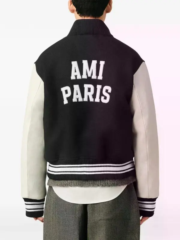 AMI Paris Wool And Leather Teddy Jacket With Embroidery