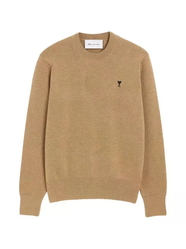 AMI Paris Crewneck Wool Sweater With De Coeur - Neutrals