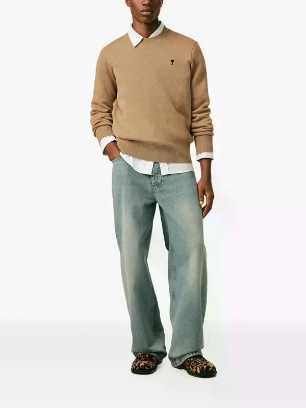 AMI Paris Crewneck Wool Sweater With De Coeur Embroidery - Neutrals