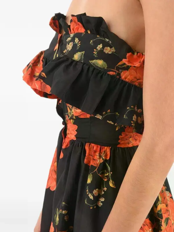 Philipp Plein Floral Print Ruffled Strapless Maxi Dress