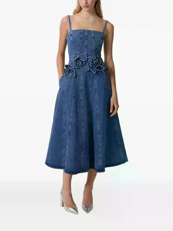 AKNVAS Eryn Floral Appliqué Denim Midi Dress - Blue