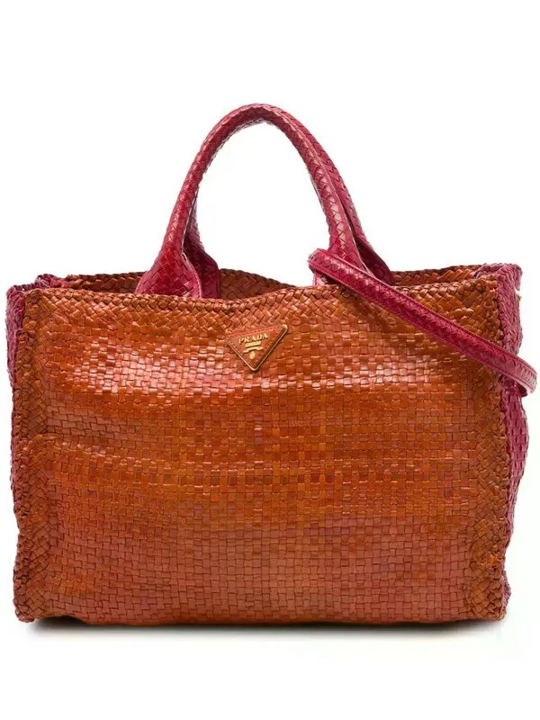 Prada 2010-2026 Medium Bicolor Woven Goatskin Madras Shopping Tote Satchel - Orange