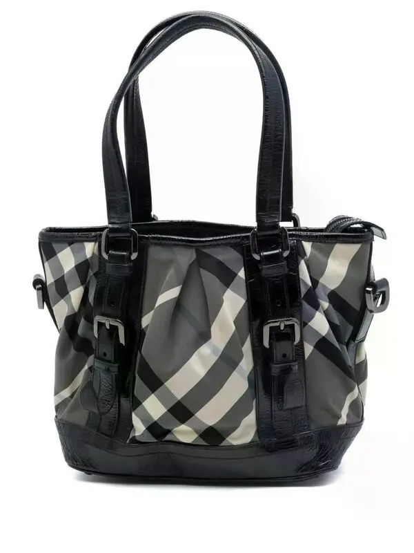 Burberry Beat Check Nylon And Patent Leather Lowry Satchel - Grey