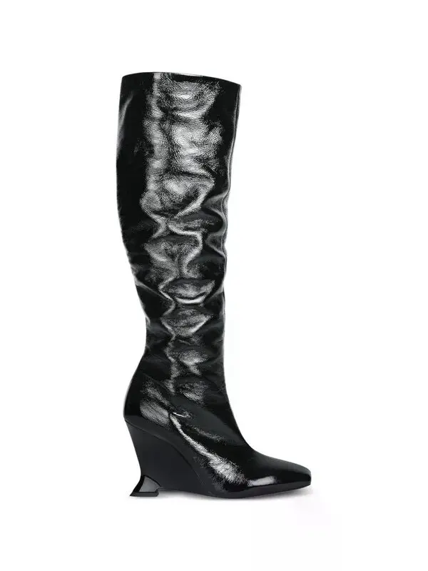 Balmain Wedge Boots In Crinkled Patent Leather - Black