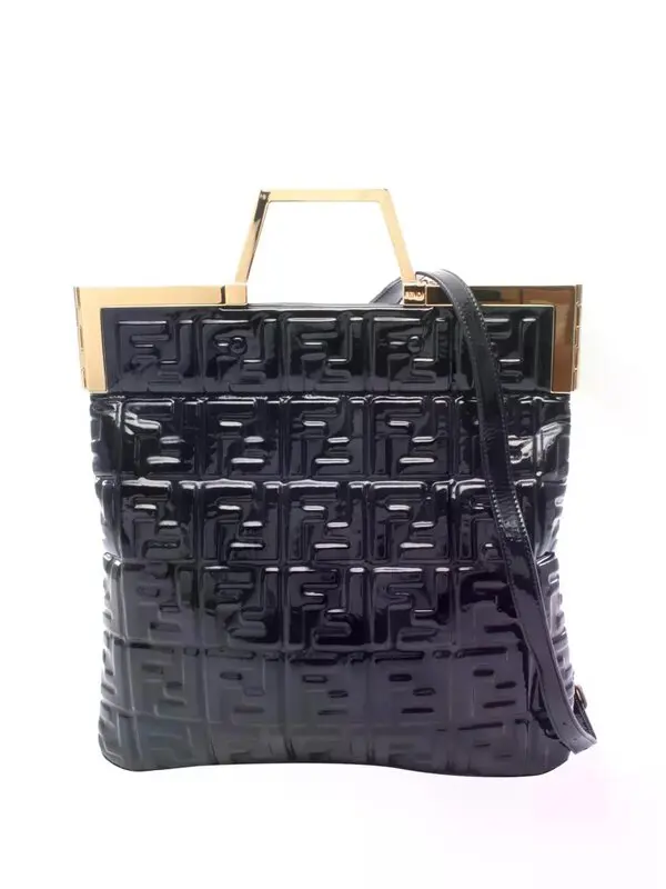 Fendi 2000-2010 Ff 1974 Embossed Patent Shopping Tote Satchel - Black