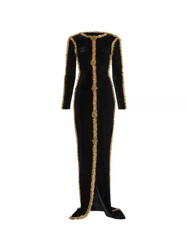Balmain Long Velvet Dress With Embroidered Trim - Black