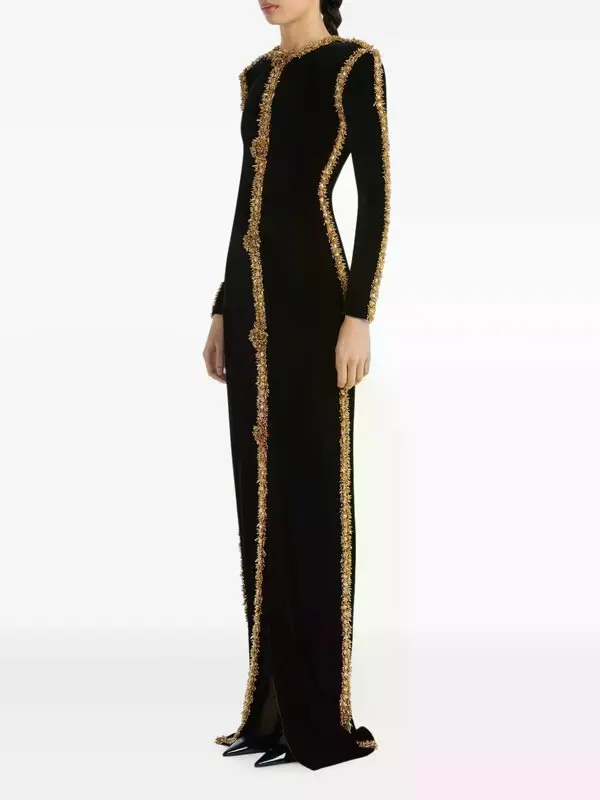 Balmain Long Velvet Dress With Embroidered Trim