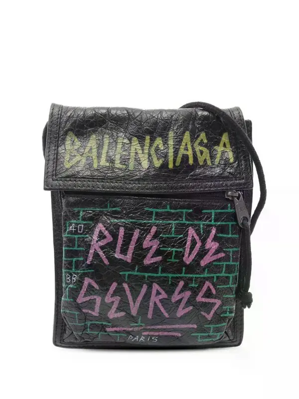Balenciaga 2018-2020 Small Lambskin Graffiti Explorer Crossbody Bag - Black