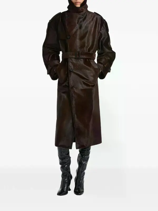 Balmain Belted Pony-effect Leather Coat