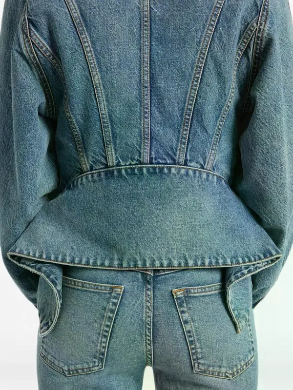Balmain Faded Denim Peplum Jacket With Shearling Collar