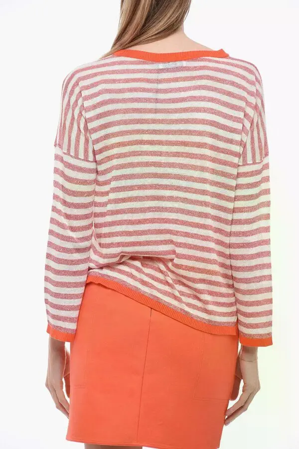 WHYCI Striped V-neck Long Sleeve Sweater - Neutrals